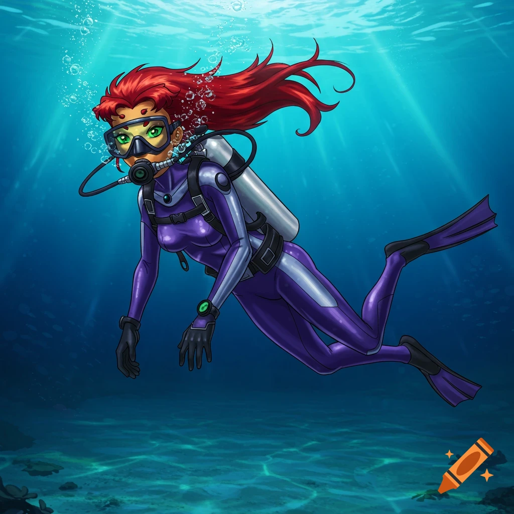 Comic art illustration of Starfire from Teen Titans, scuba diving in a ...