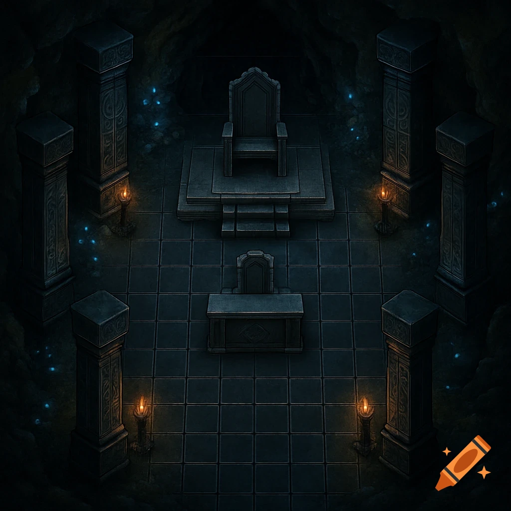 An isometric grid map of a dark, ancient stone Duergar courtroom with a ...