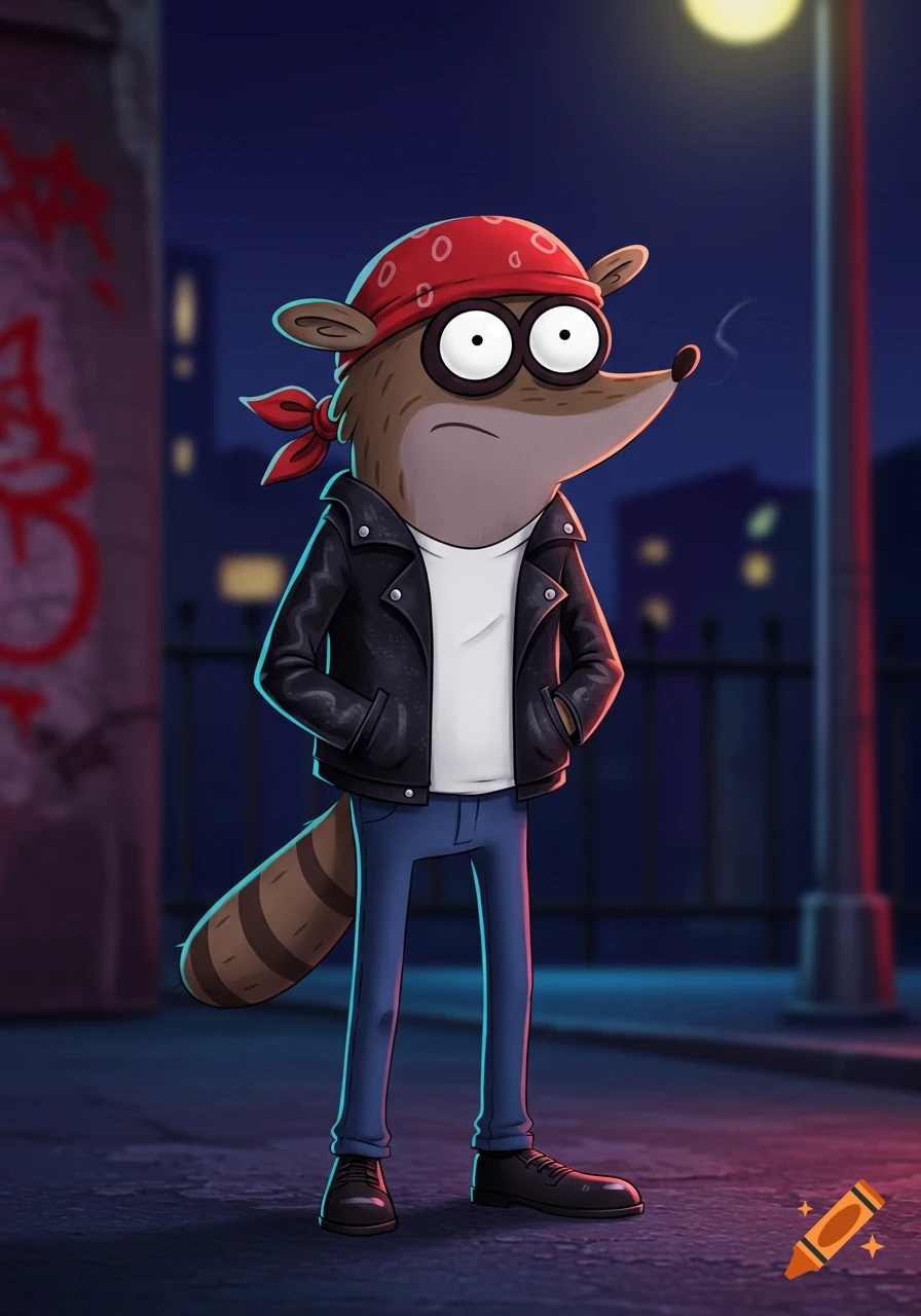 Rigby from Regular Show, a raccoon-like character, in a leather jacket ...