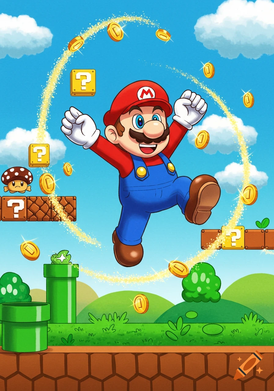 Vibrant cartoon of Mario jumping among golden coins, question blocks ...