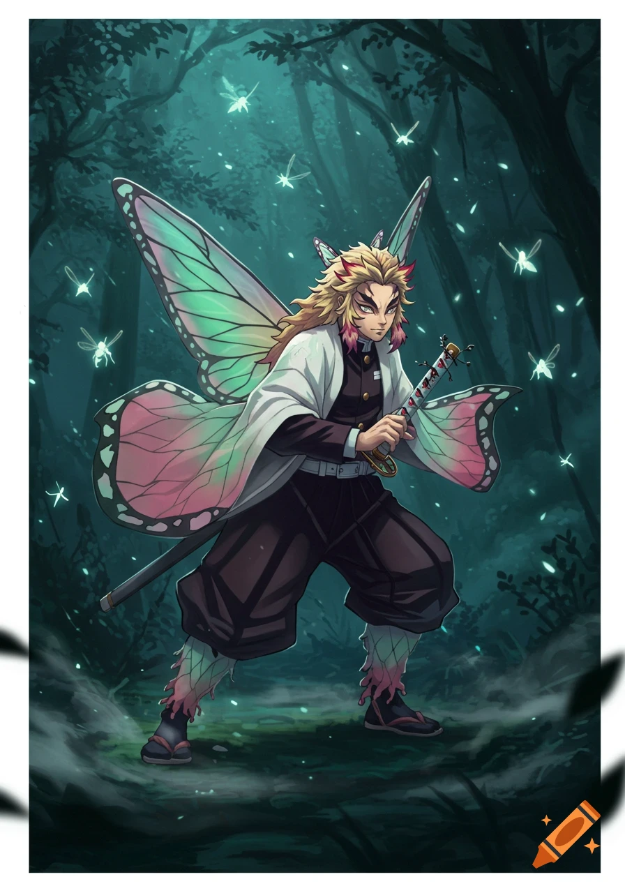 Anime male character with butterfly wings, blonde hair, and a sword in ...