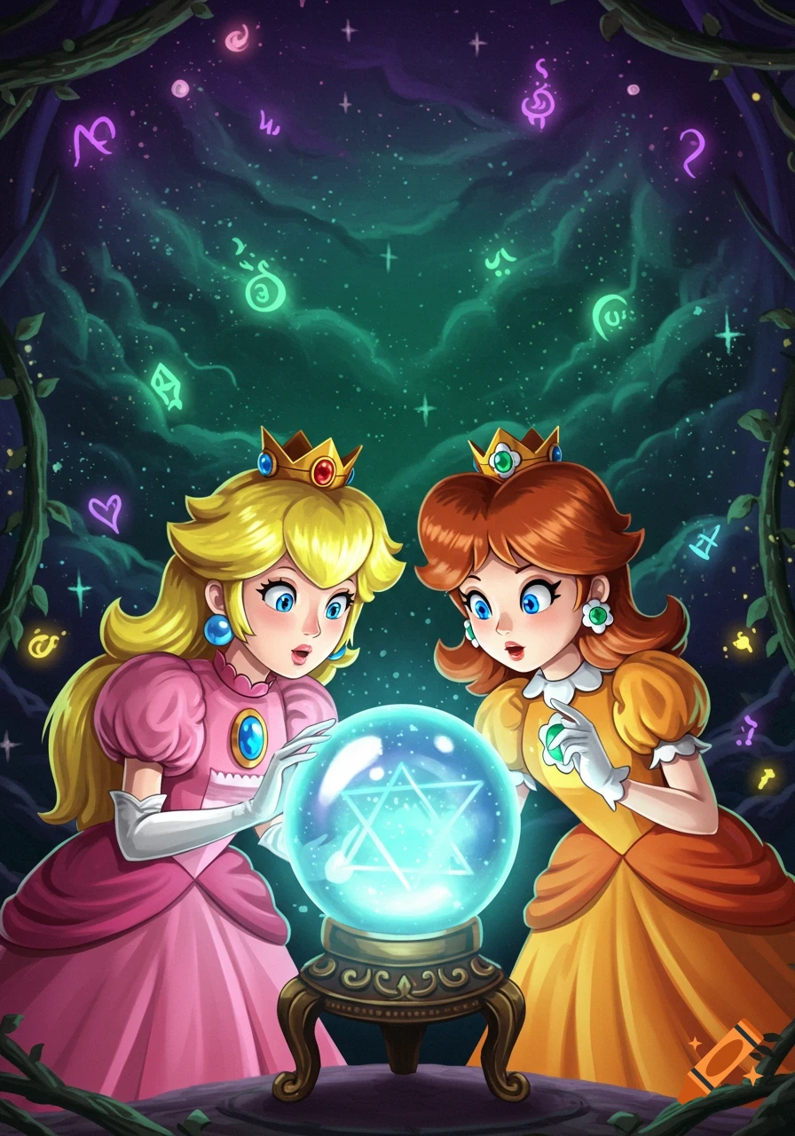 Cartoon Princess Peach and Daisy gaze into a glowing crystal ball ...