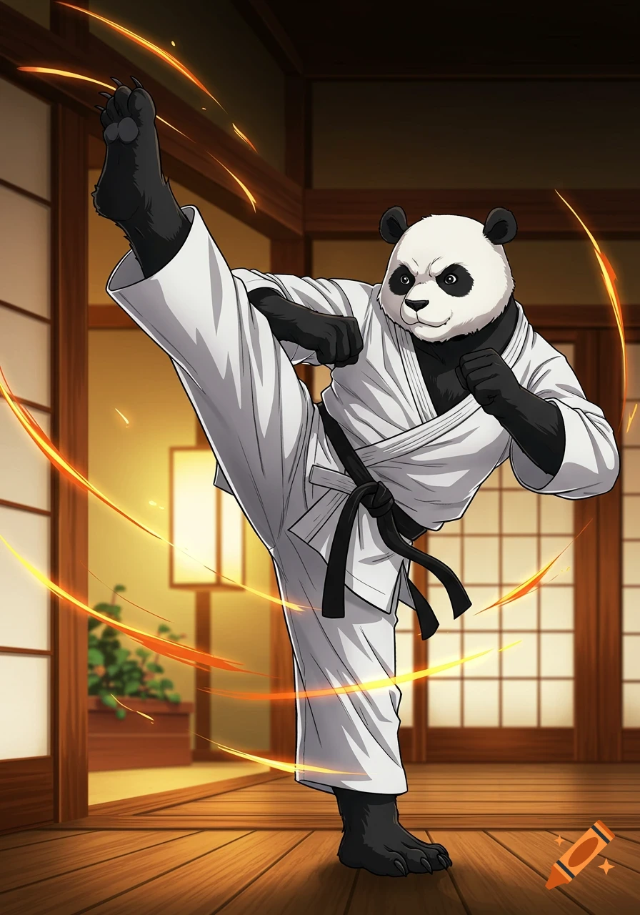 Anime style illustration of a panda in a white karate gi performing a ...