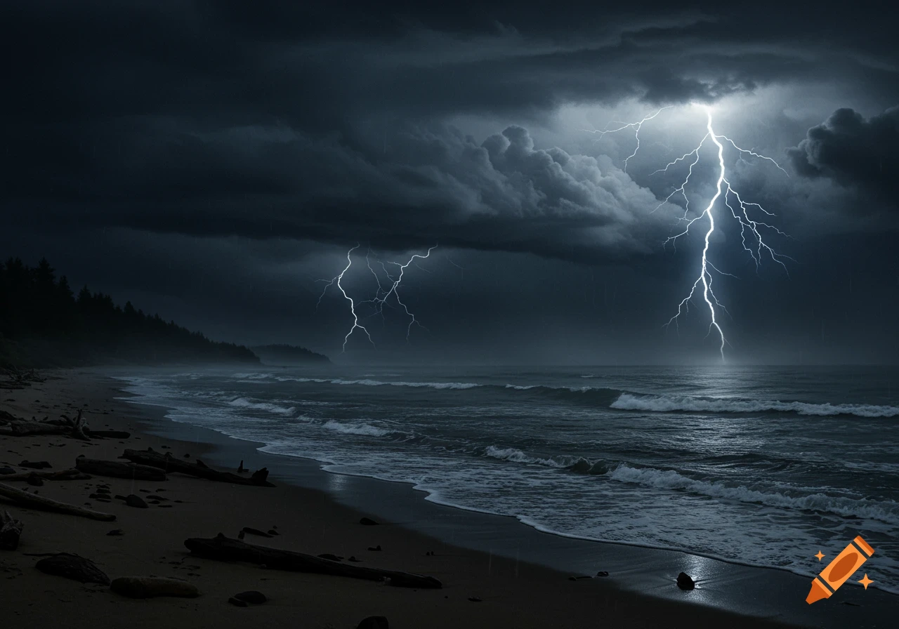 A dark, ominous beach scene with a stormy sky, crashing waves, and multiple lightning bolts ...