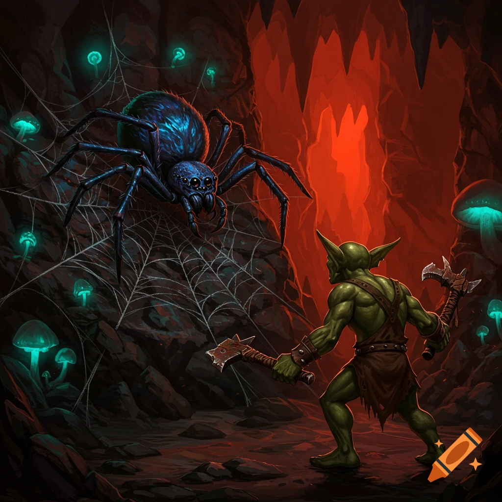 A green goblin with axes faces a large black spider in a dark, glowing mushroom-filled fantasy ...