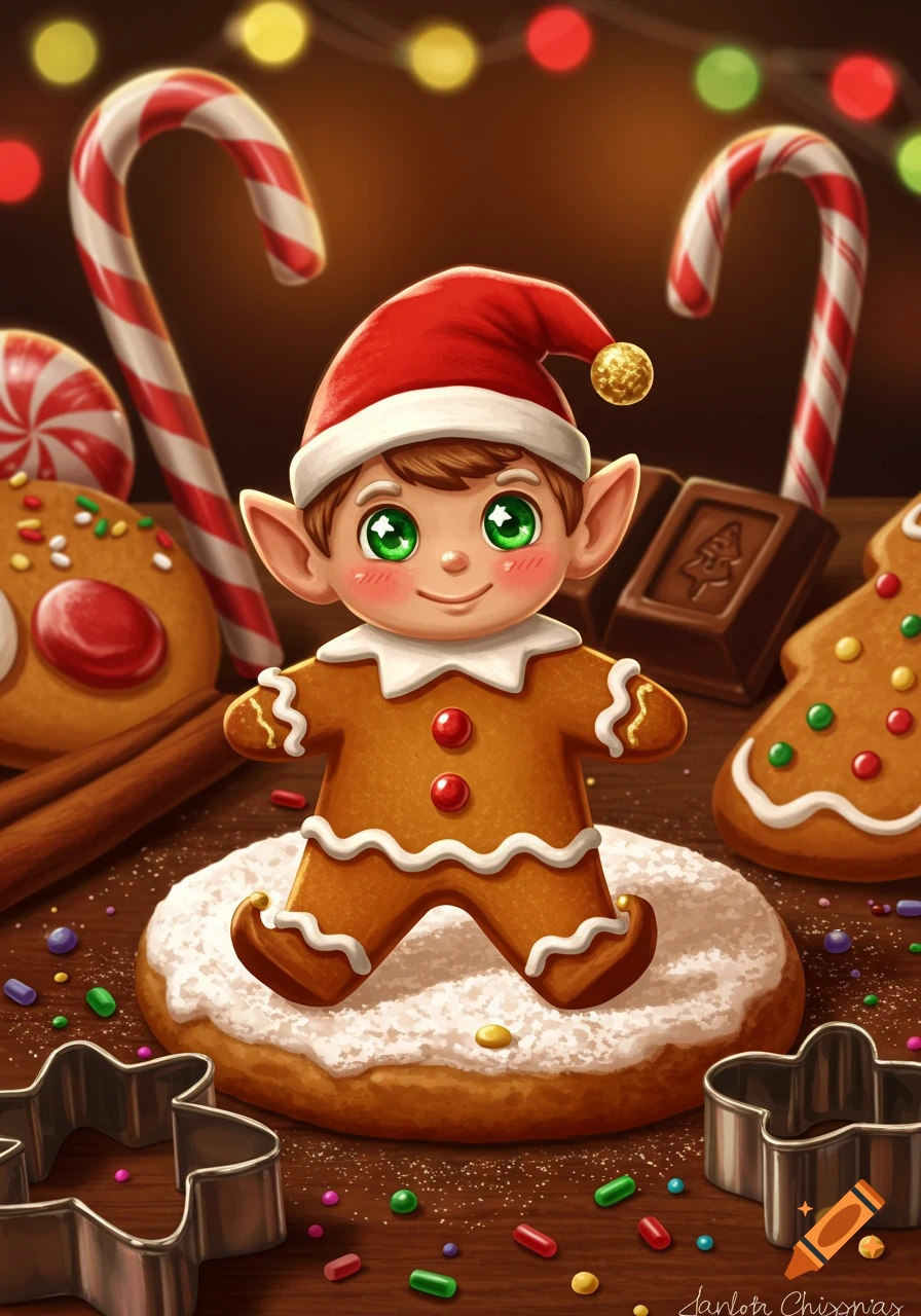 A cute cartoon gingerbread elf with green eyes and a red Santa hat ...