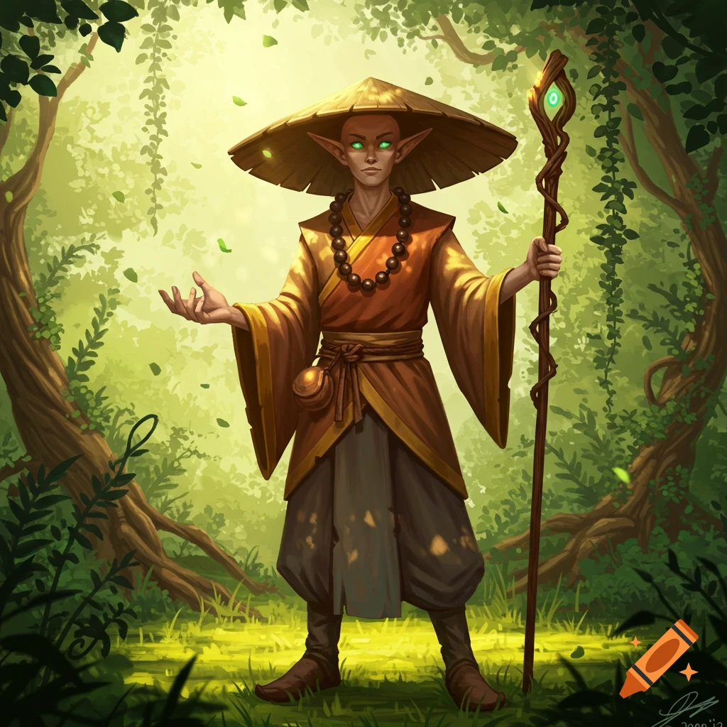 A bald wood elf monk with green glowing eyes and a straw hat stands in ...