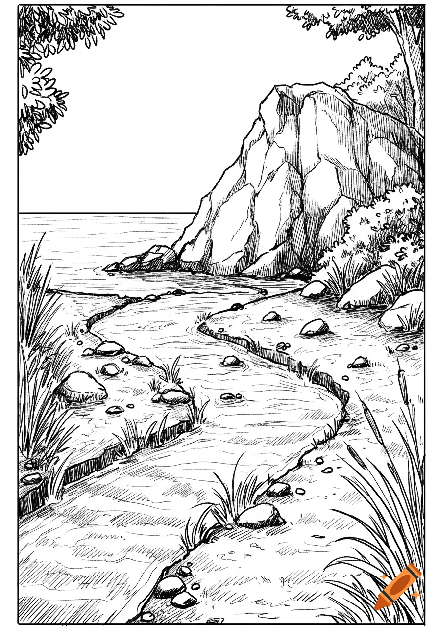 A black and white line drawing of a stream flowing into a cove ...