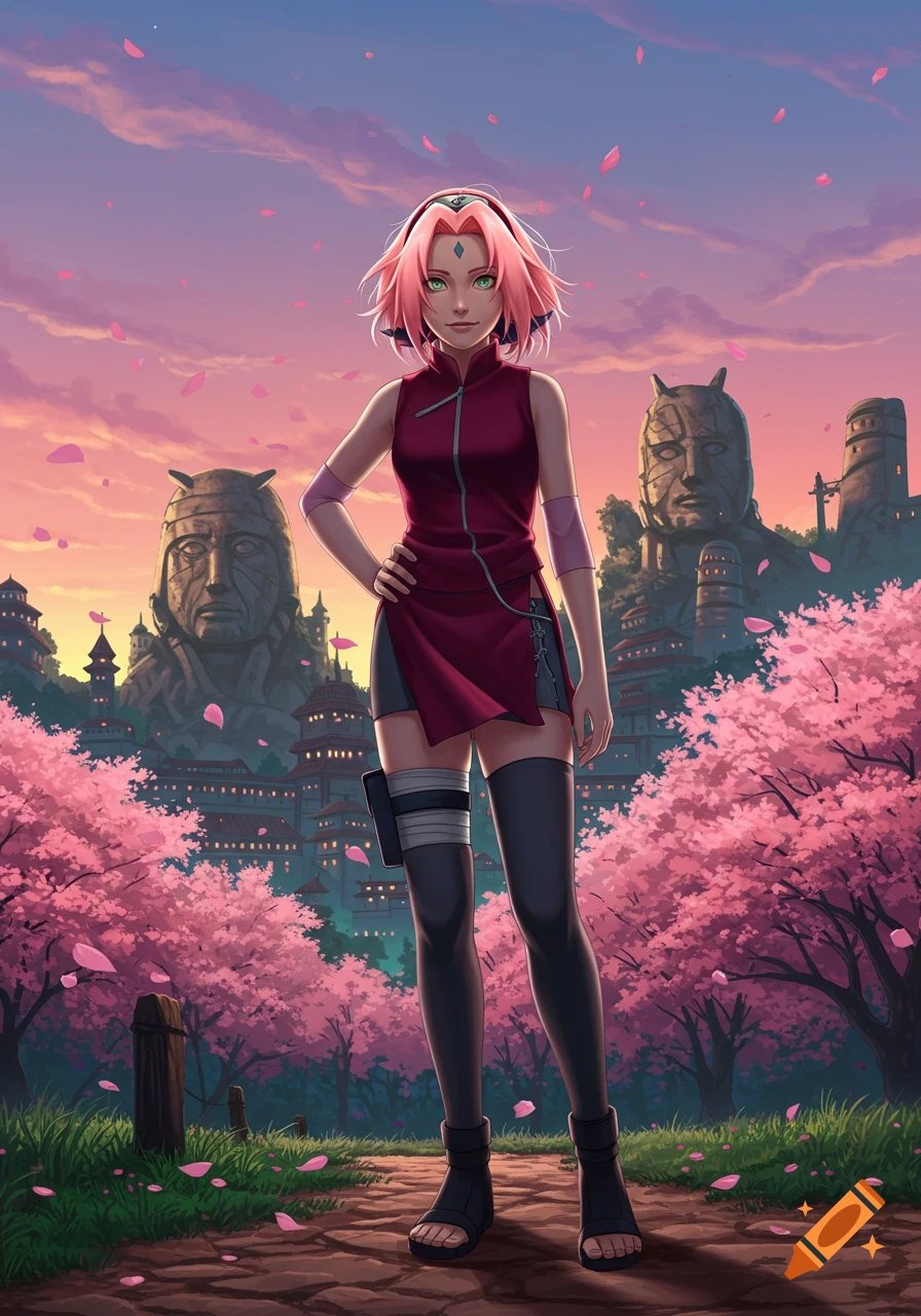Anime art of Sakura from Naruto standing in a village with cherry ...