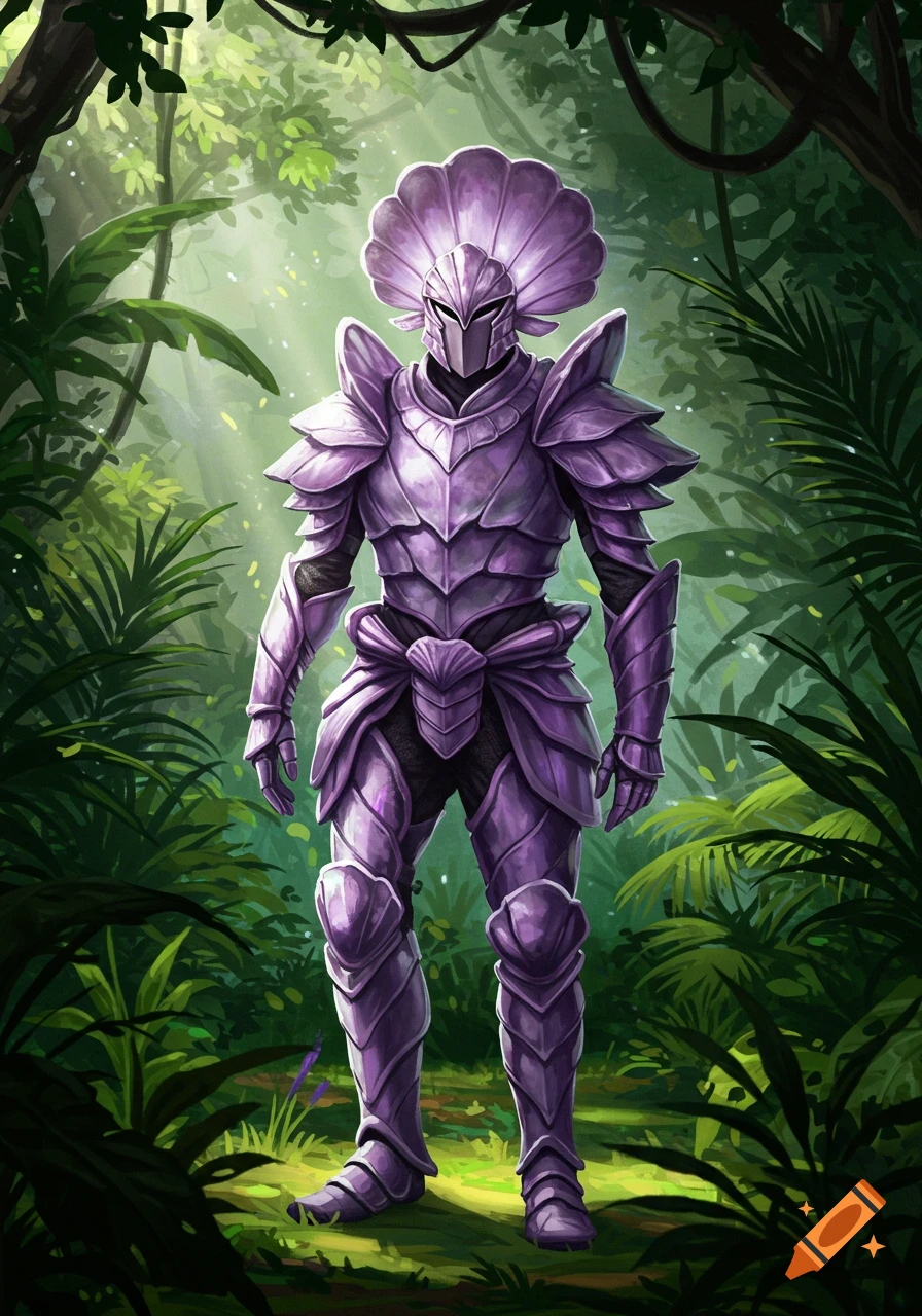 A warrior in elaborate purple shell-like armor with a seashell helmet ...