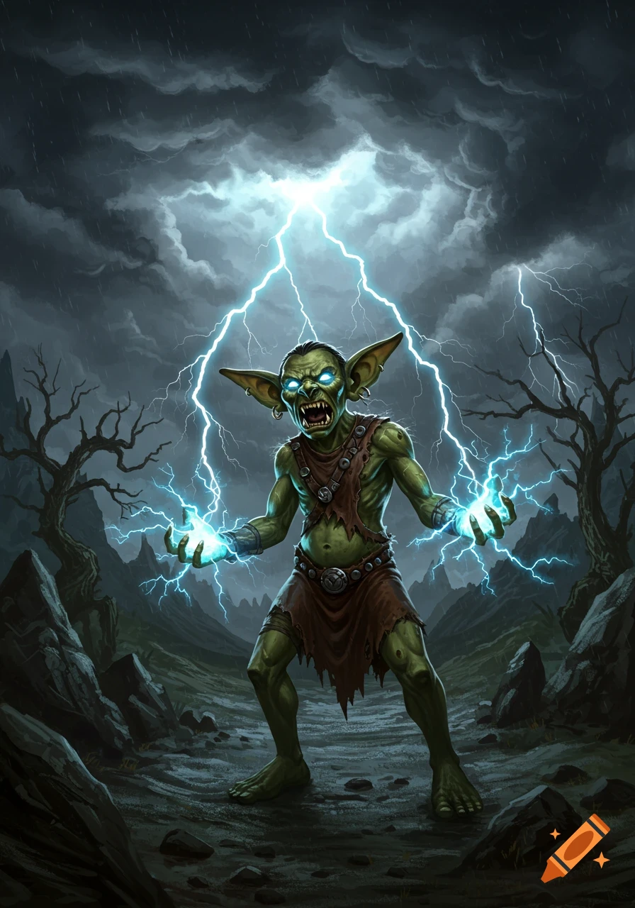 A green goblin with glowing blue eyes, screaming, generates blue ...