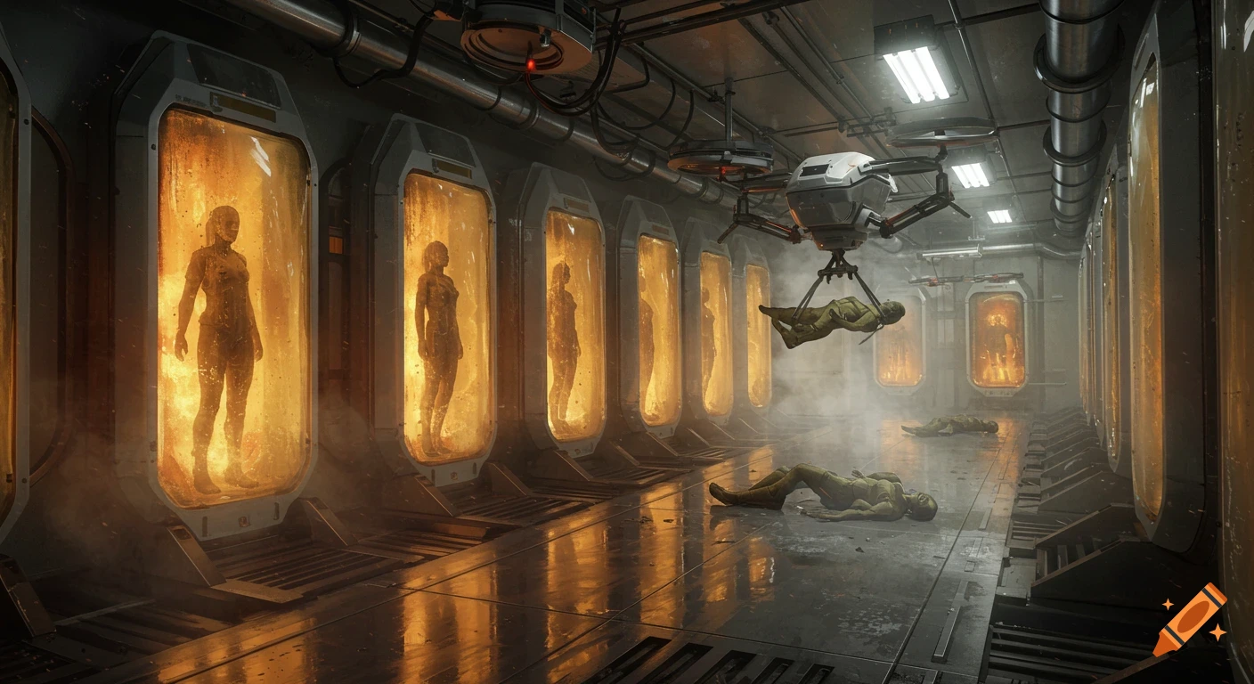 Hyper-realistic scene in a futuristic containment facility with glowing ...