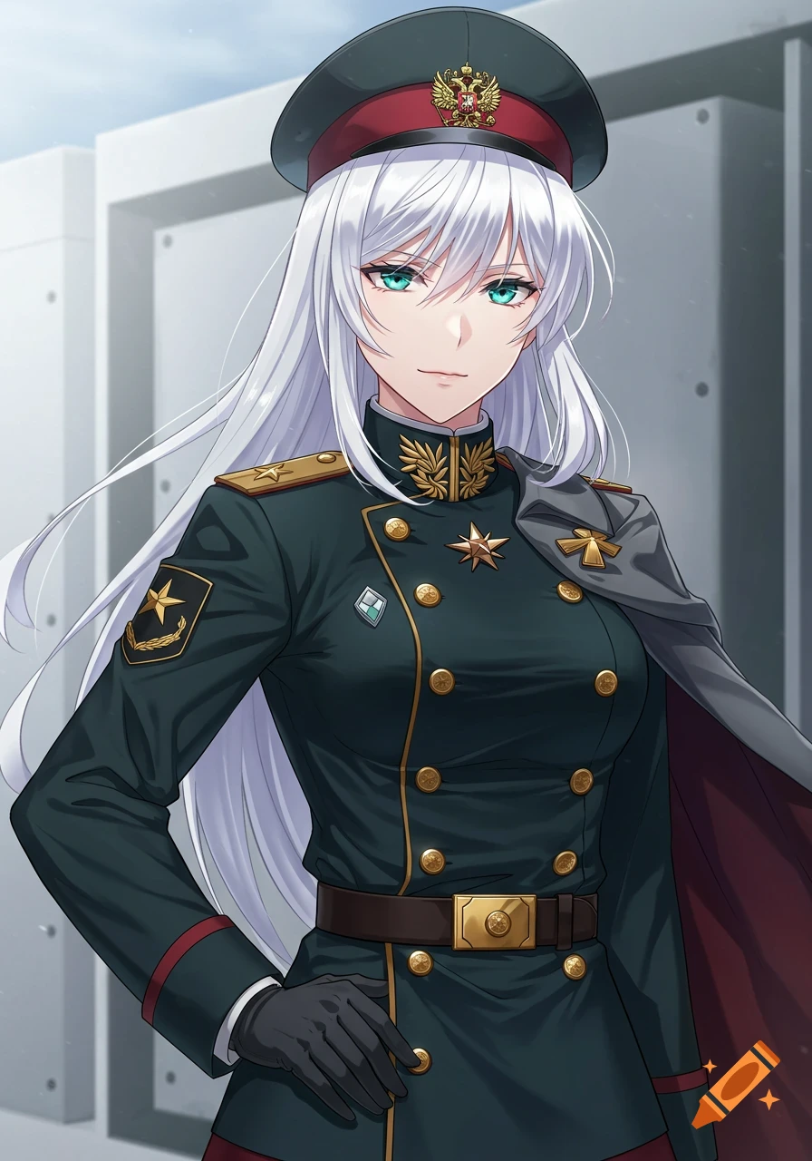 Anime woman soldier in a dark green Russian military uniform with white ...