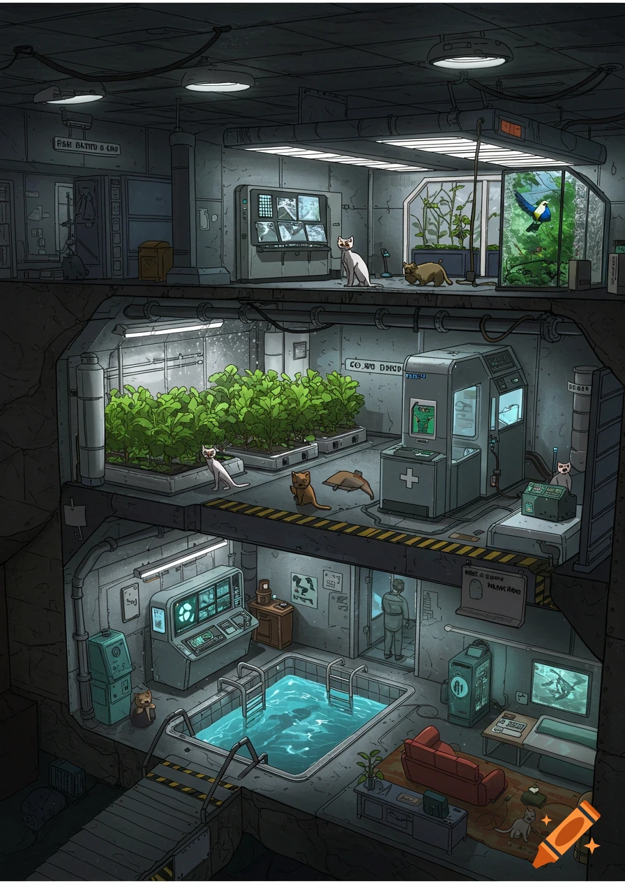 Detailed illustration of a multi-level underground bunker featuring ...