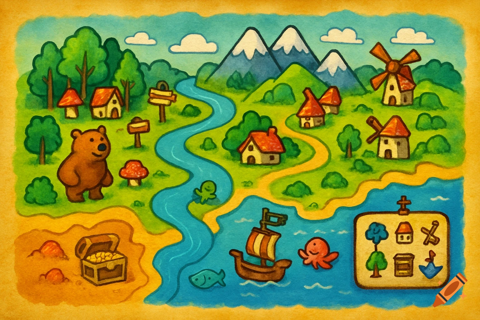 A vibrant, cartoonish map with mountains, a river, a village, a bear, a ...