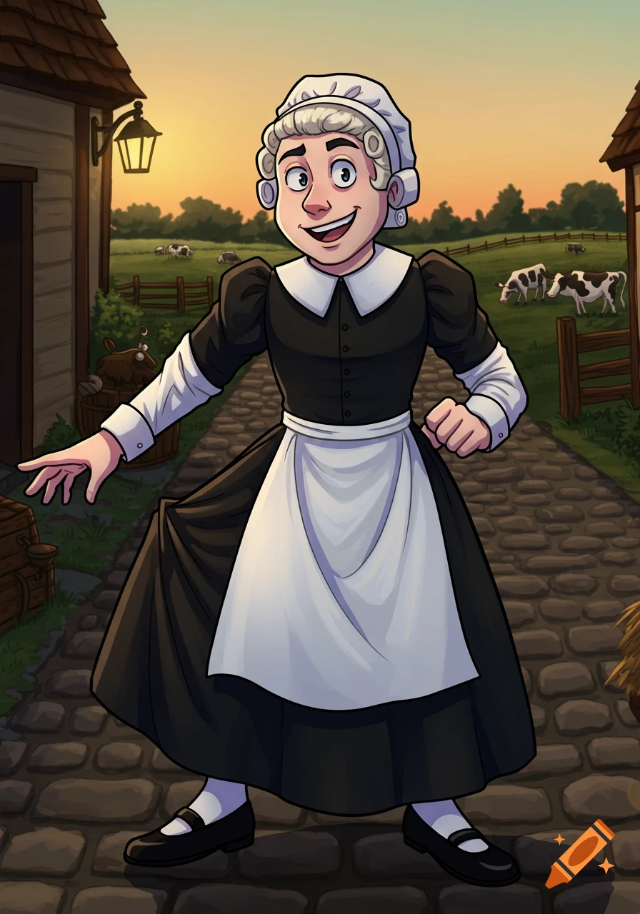 A cartoon character in a Puritan milkmaid's outfit stands on a ...