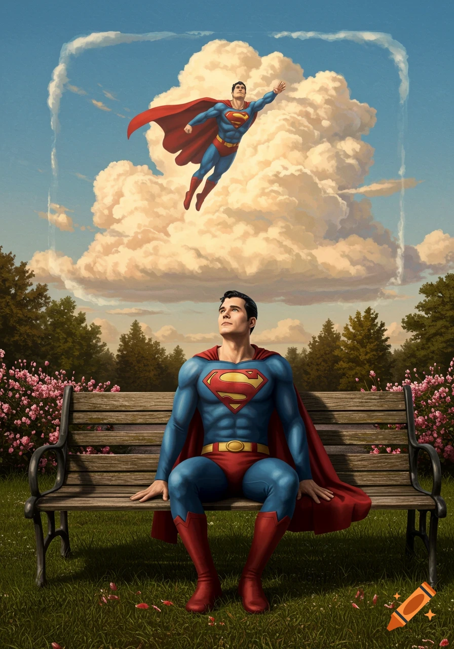 Superman sits on a park bench looking up at a flying Superman in a ...