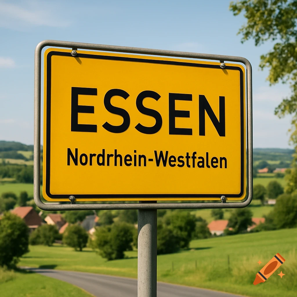 A yellow German city sign reads 'ESSEN Nordrhein-Westfalen' on a post ...