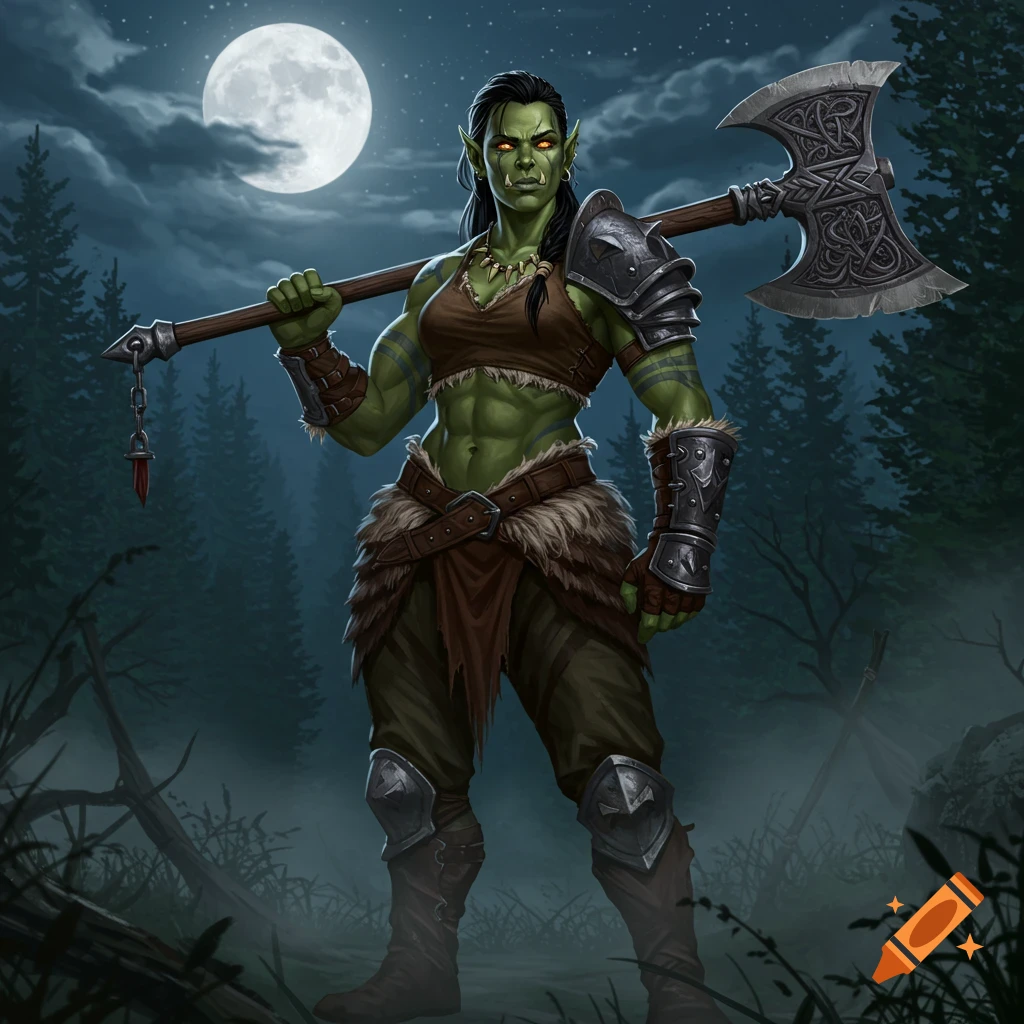 A muscular female orc warrior stands in a dark forest under a full moon ...