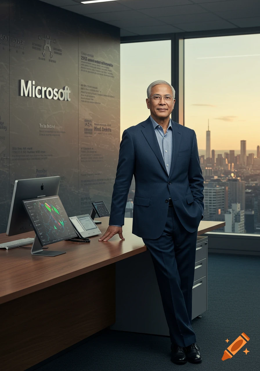 A male senior executive in a blue suit stands in a modern office with a ...