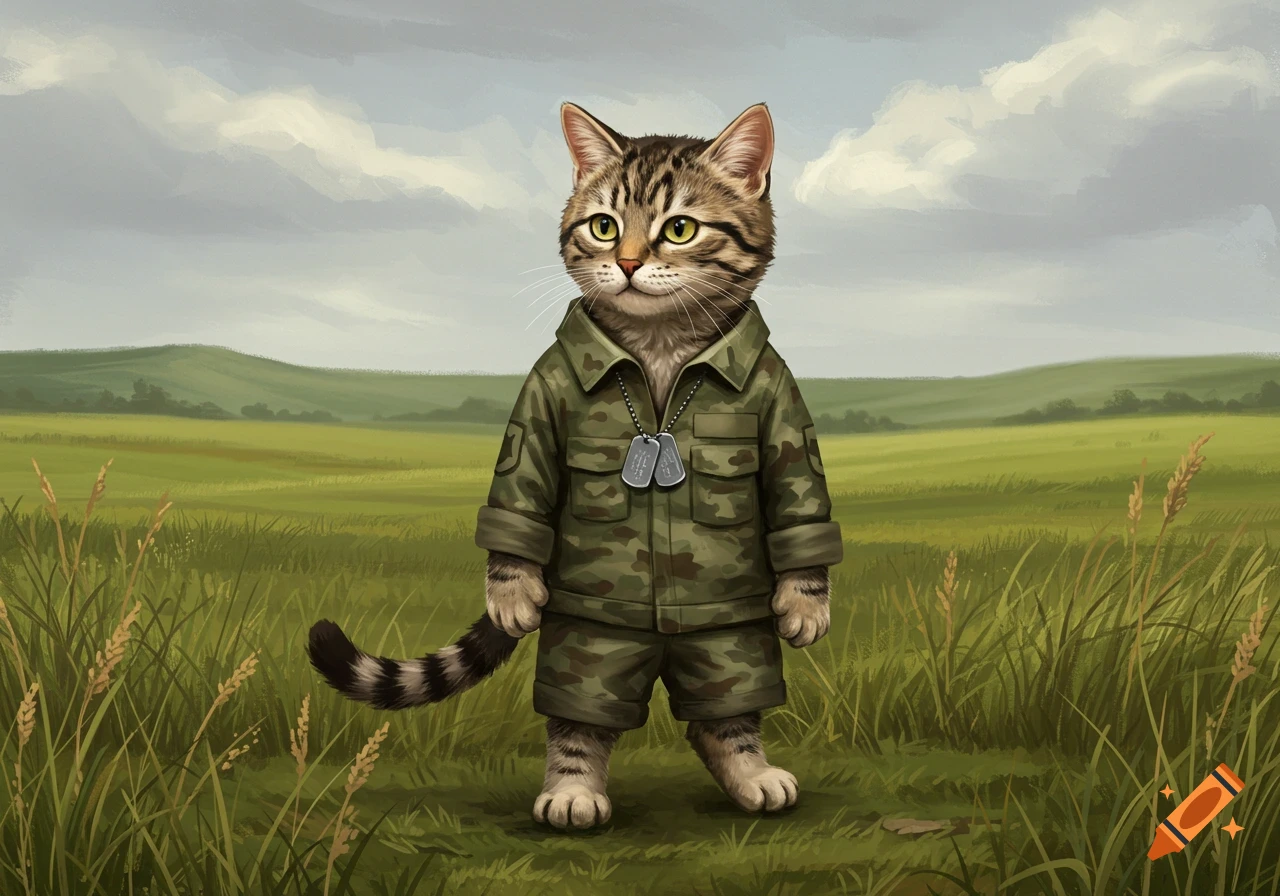 A tabby cat in a camouflage military uniform with dog tags stands in a ...