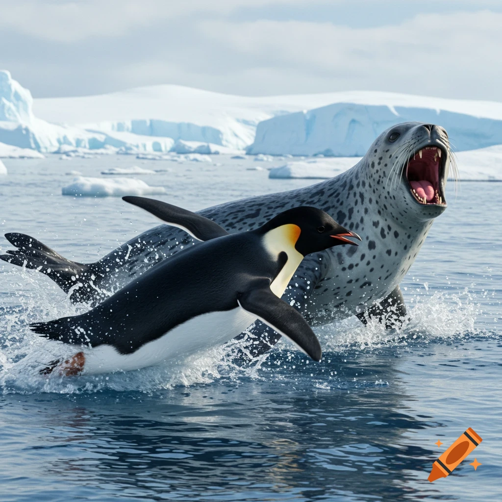 A photorealistic image of an emperor penguin leaping from the water ...