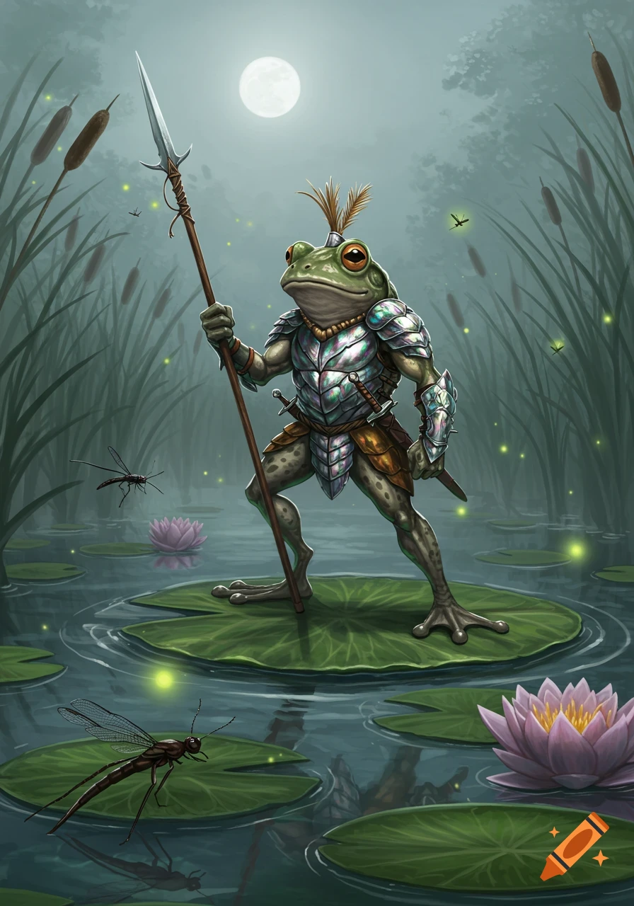 A warrior frog in armor holding a spear, standing on a lily pad in a ...