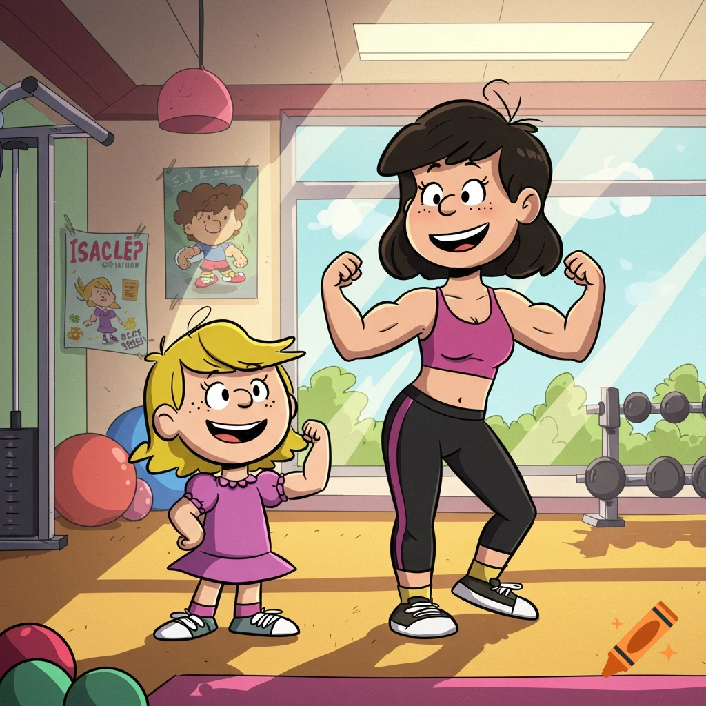 Cartoon mother and daughter flexing muscles at the gym. on Craiyon