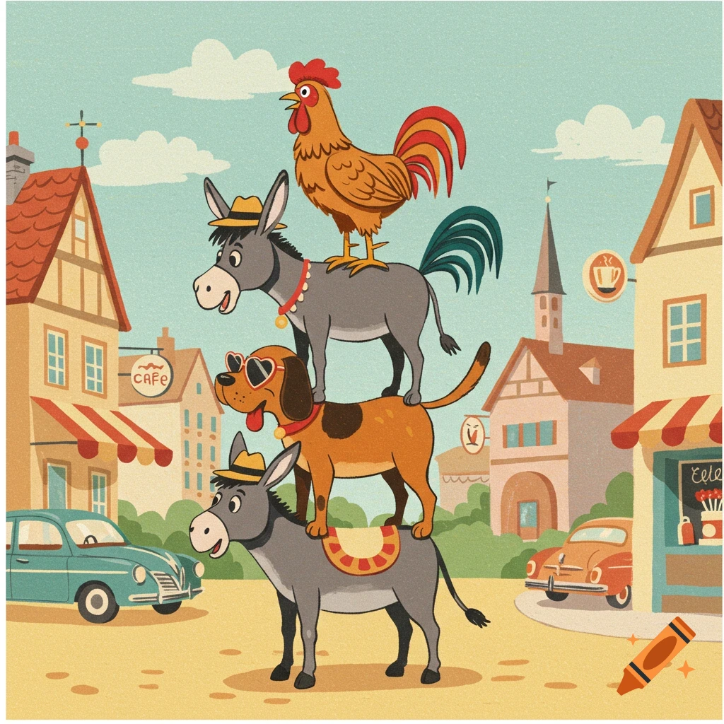 A rooster, donkey, dog, and donkey stacked in a street scene with 1950s ...