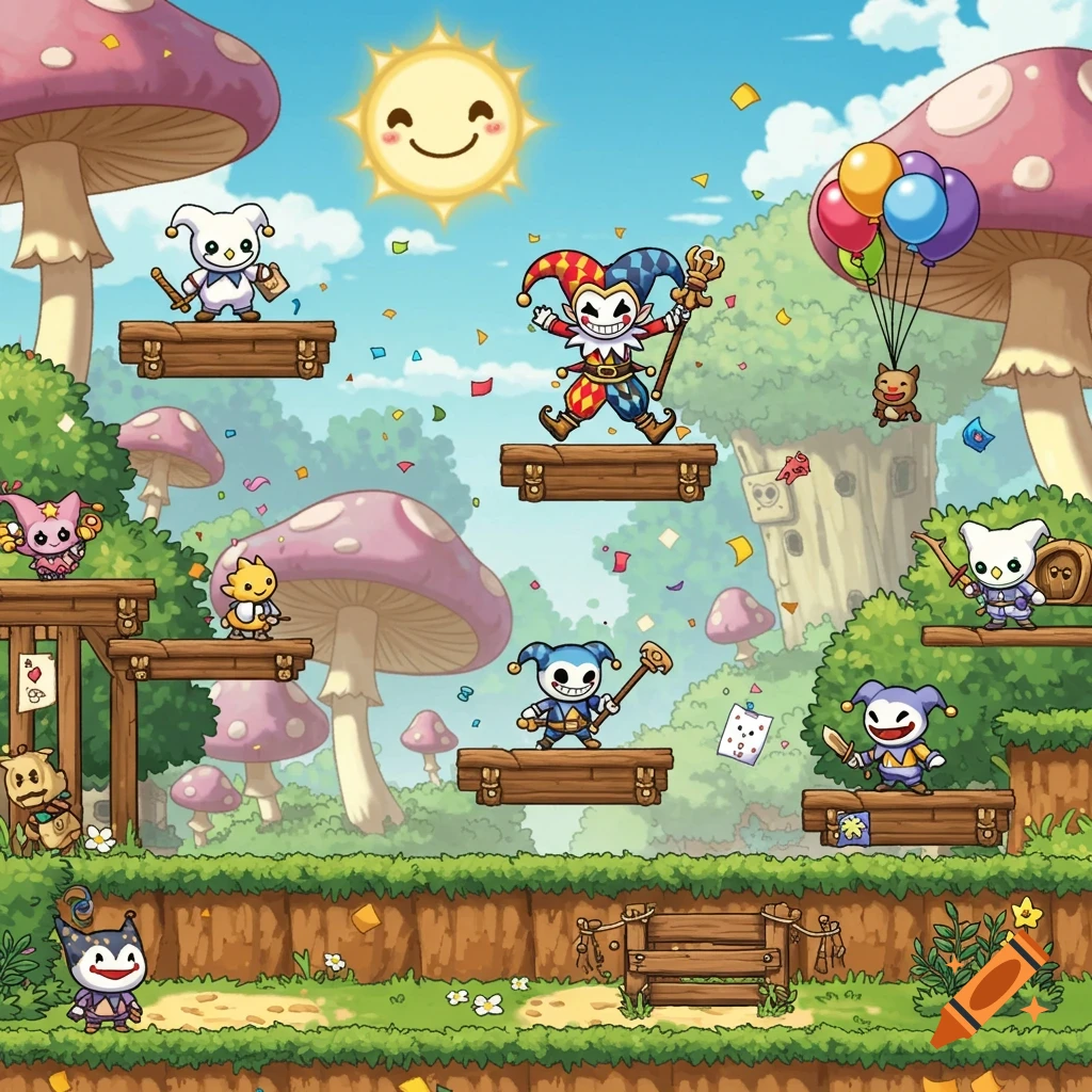 Cartoonish jester characters on platforms in a vibrant, magical forest ...