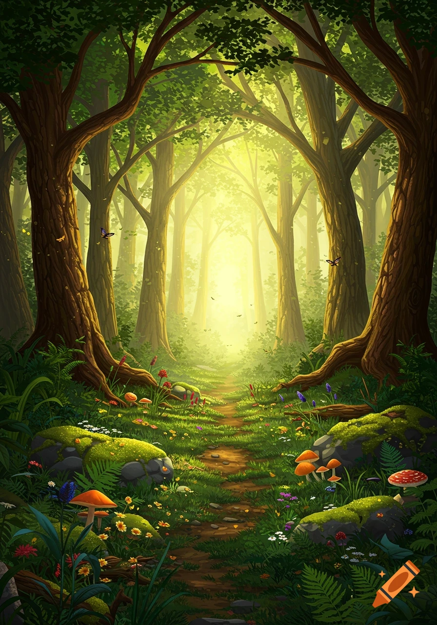 A vibrant, stylized fantasy forest path leading into a bright, sunlit ...