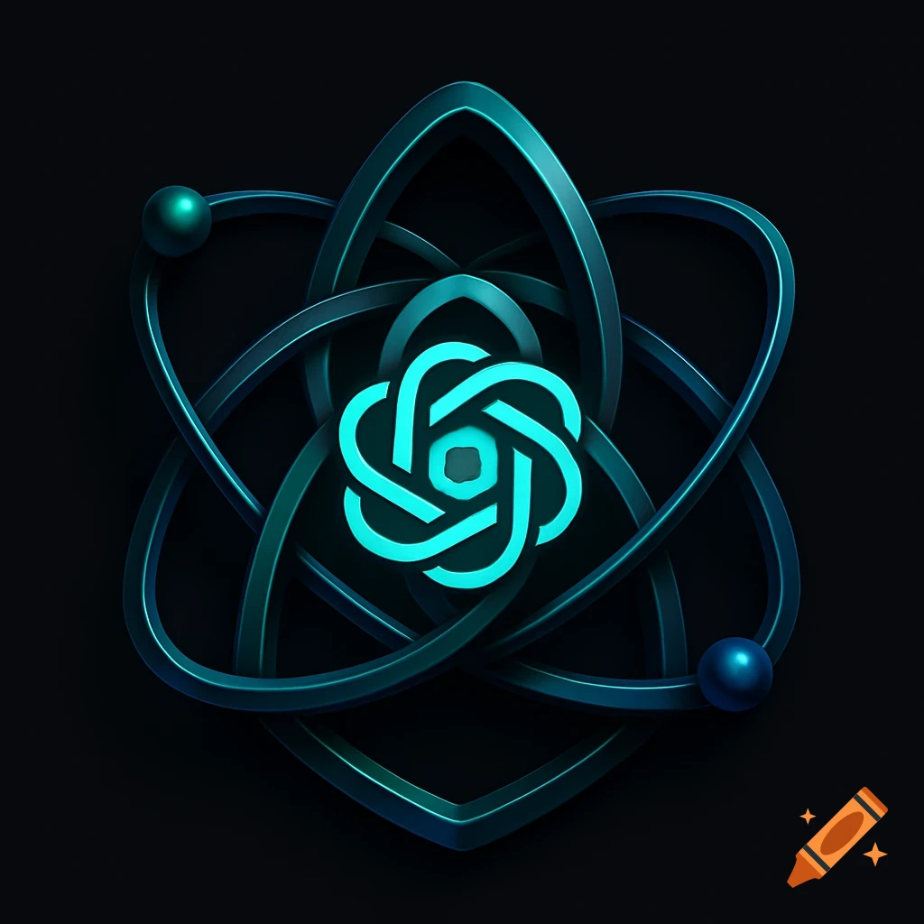 An intricate teal and dark blue abstract symbol with a glowing core ...