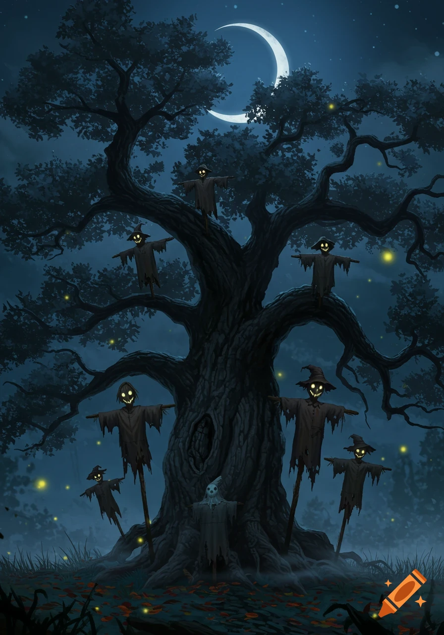 A dark, spooky illustration of a gnarled tree at night, laden with ...