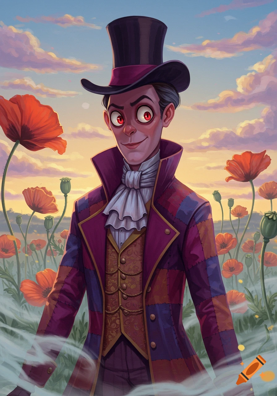A cartoon dandy in a top hat and a patched purple coat with red eyes ...