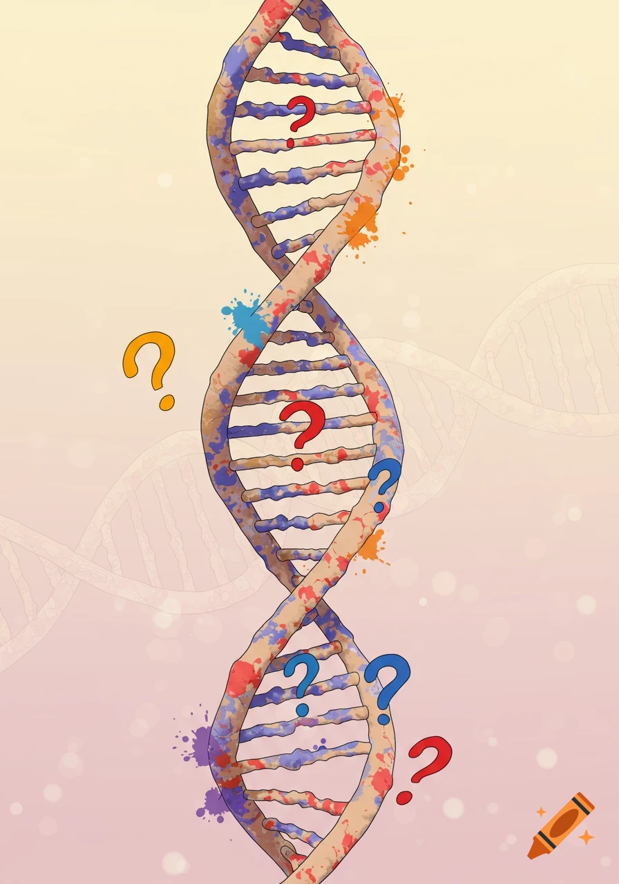 A stylized DNA double helix with question marks replacing some base ...
