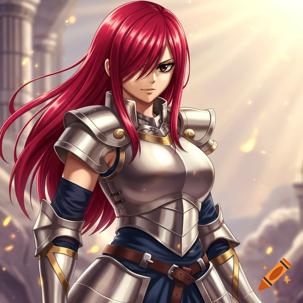 Anime-style Erza Scarlet with flowing red hair in detailed silver armor ...