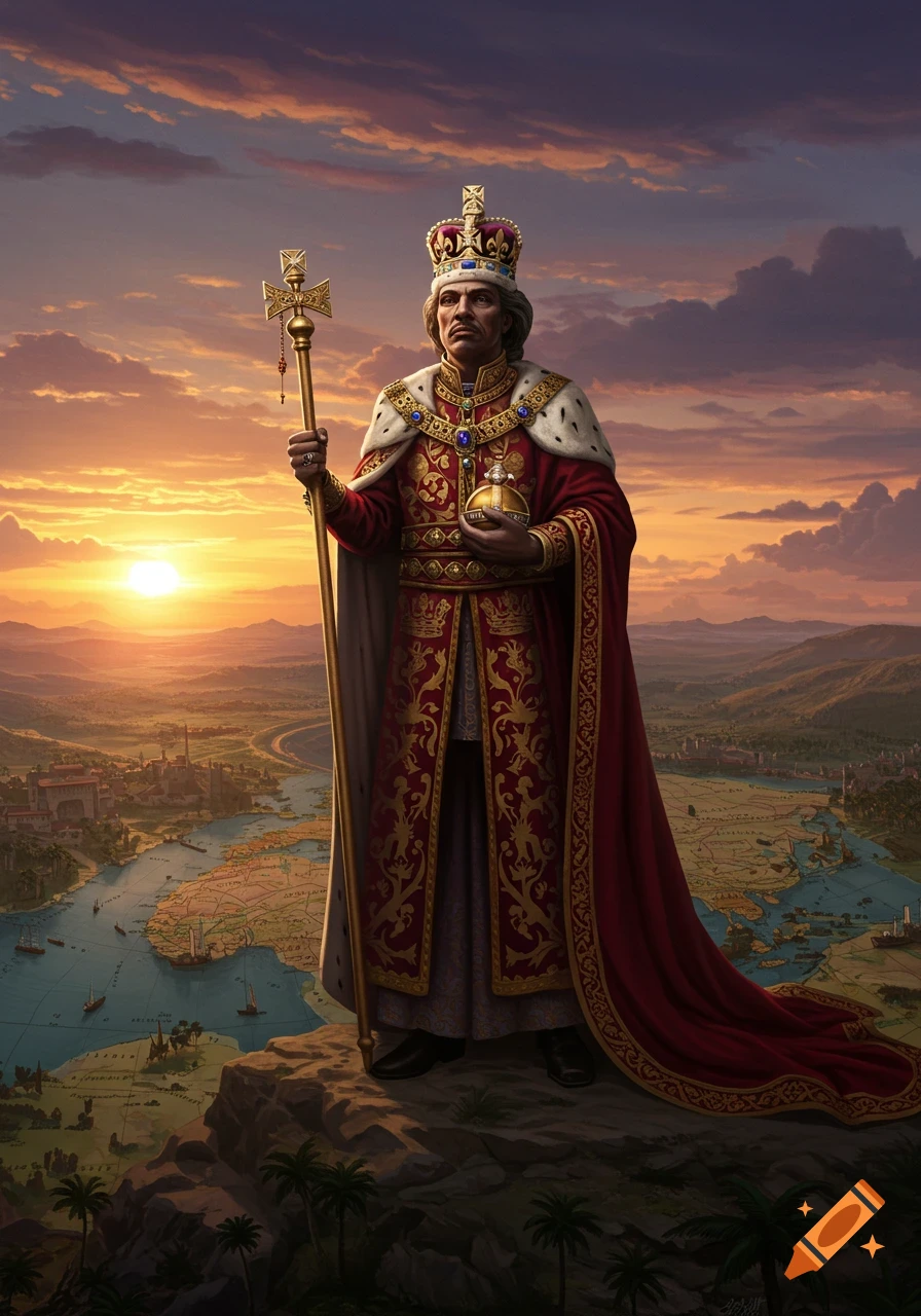 A king in ornate red and gold robes stands on a cliff overlooking a ...