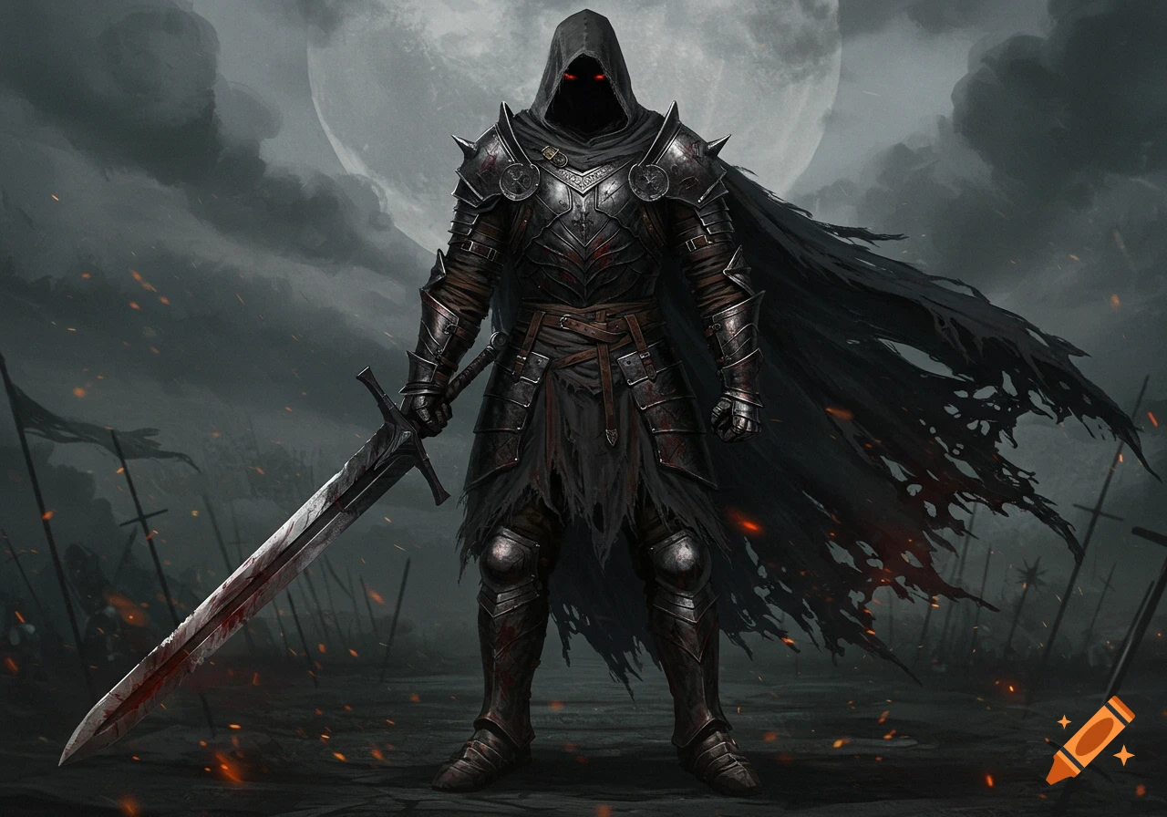 A dark fantasy warrior in black armored robes with a tattered cape ...
