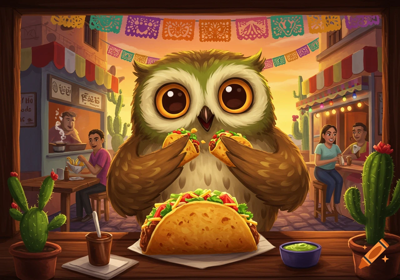 A cartoon owl happily eats tacos in a vibrant Mexican street scene with ...