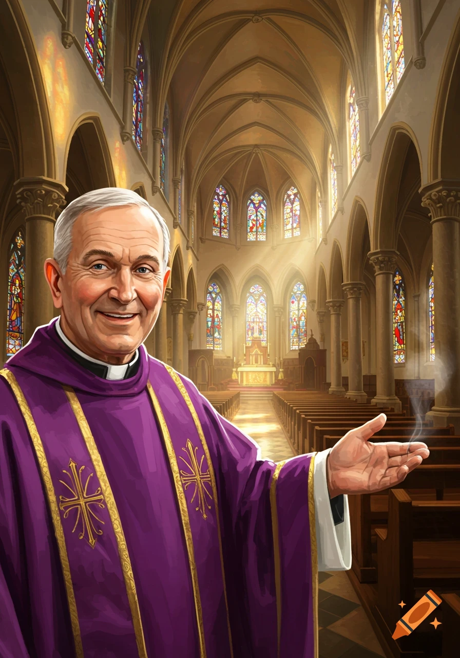 A smiling Catholic priest in a purple vestment stands in a bright ...