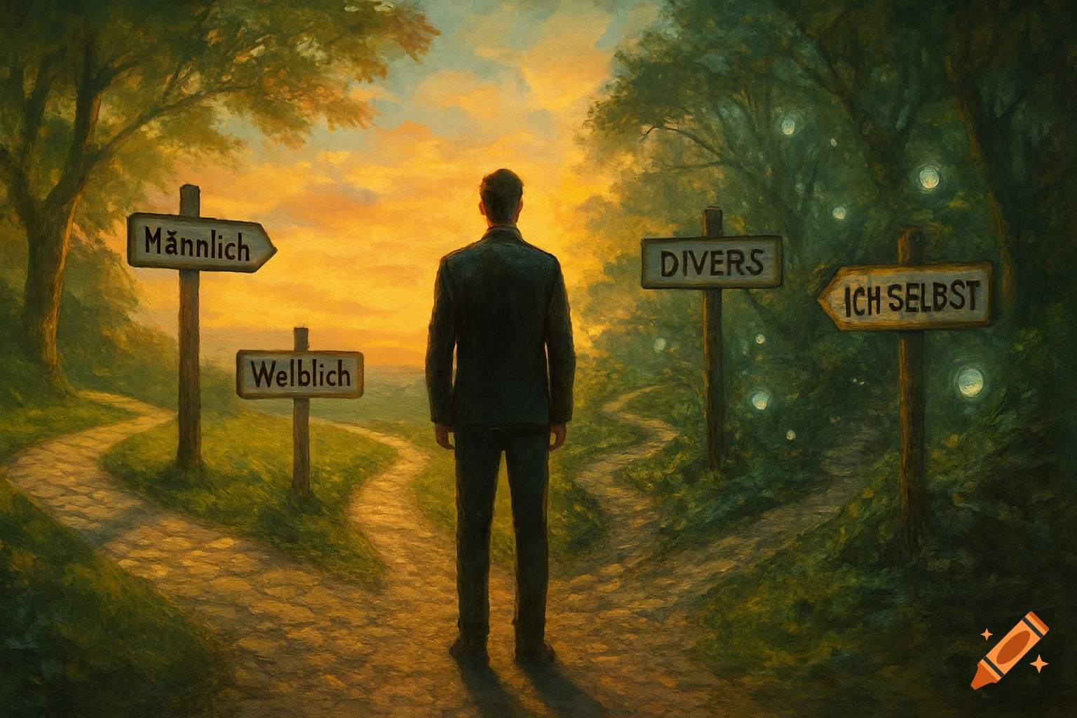 A man stands at a crossroads, with four paths and signs offering ...