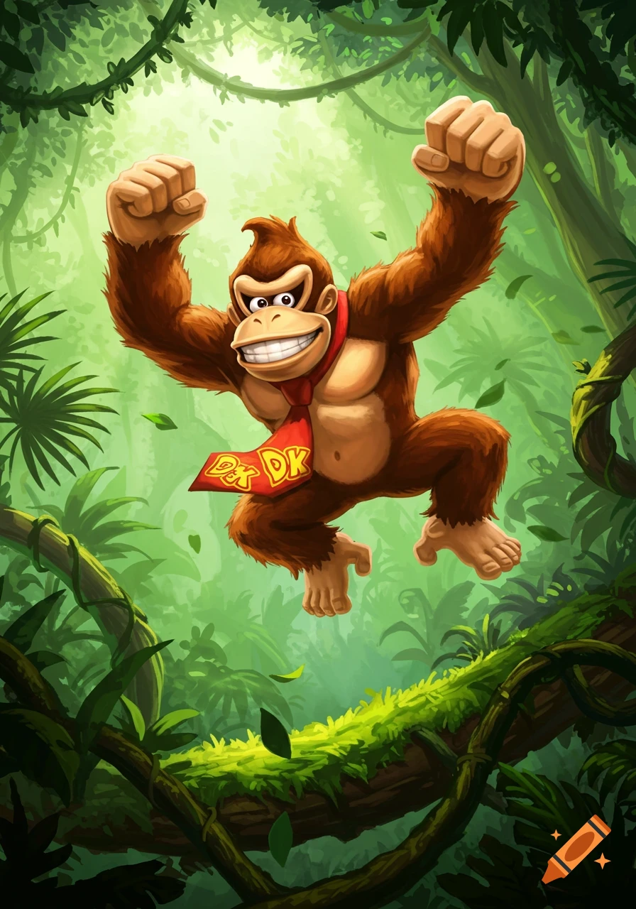 Donkey Kong leaps through a vibrant green jungle, flexing with a ...
