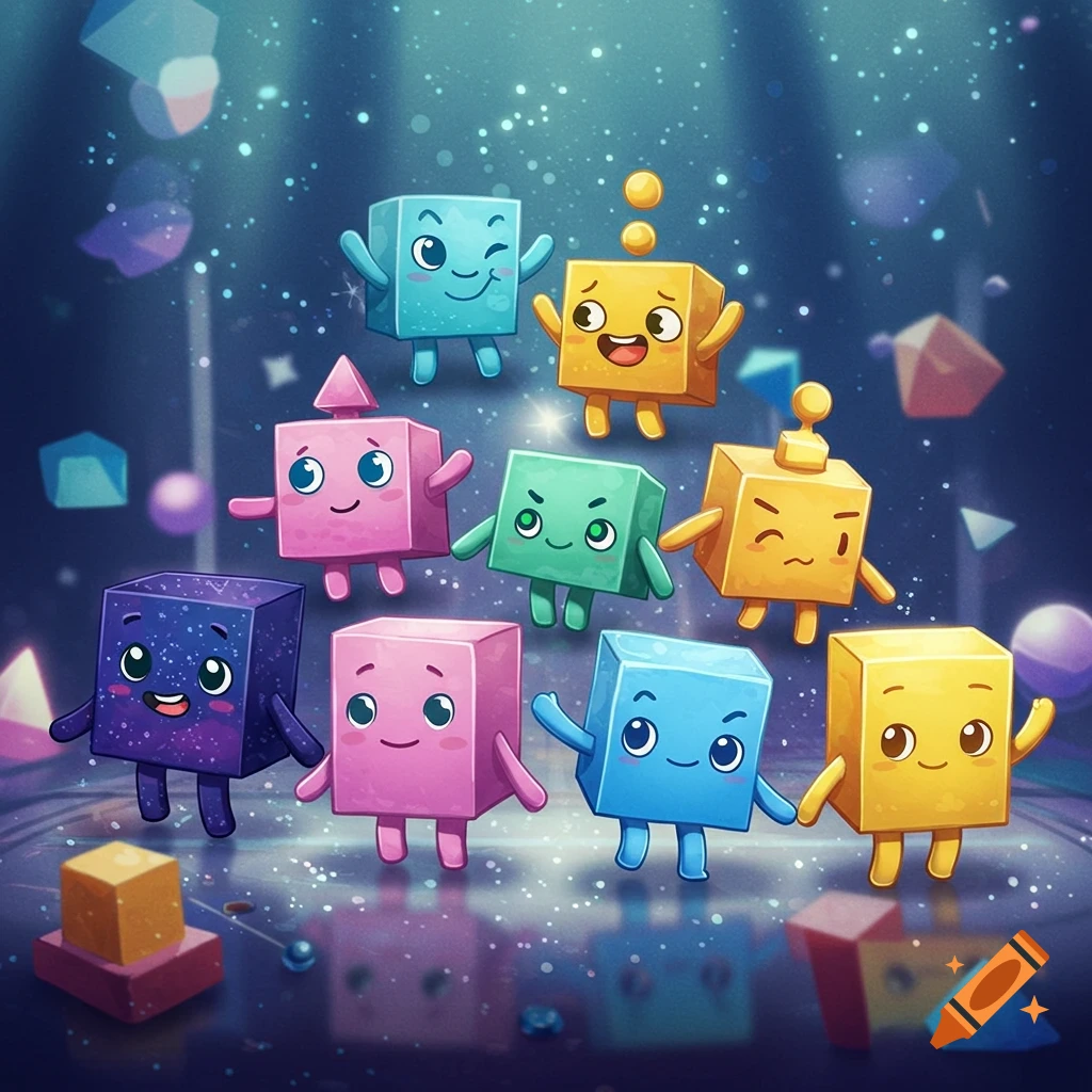 Colorful, cute, anthropomorphic cube-like characters with happy faces ...