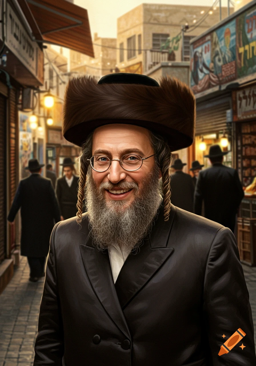 A smiling Hasidic Jewish man with a beard and fur hat, wearing a black ...