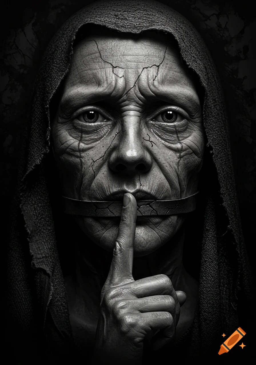 Hyperrealistic black-and-white portrait of a gaunt, hooded figure with ...