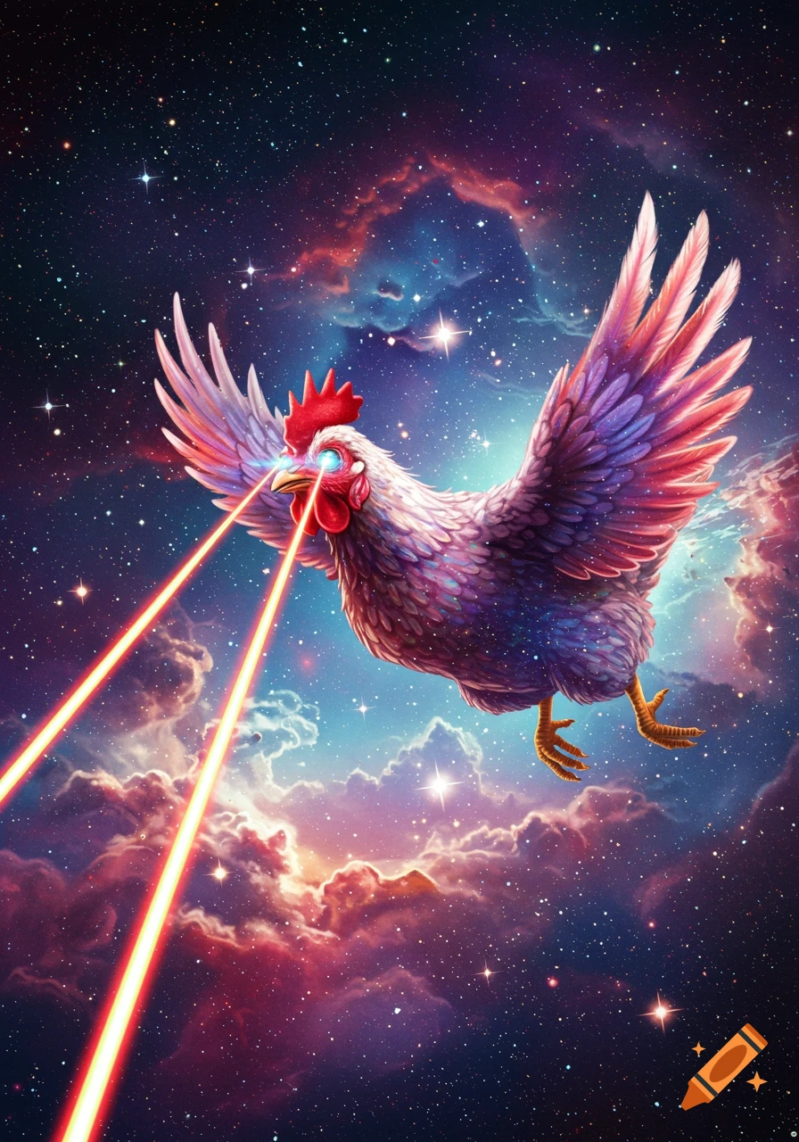 A vibrant illustration of a chicken flying through space, shooting red ...
