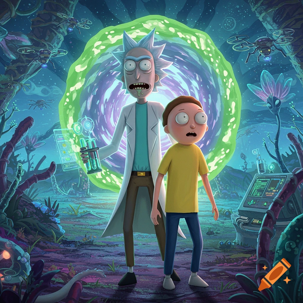 Rick and Morty stand in front of a glowing green portal in an alien ...