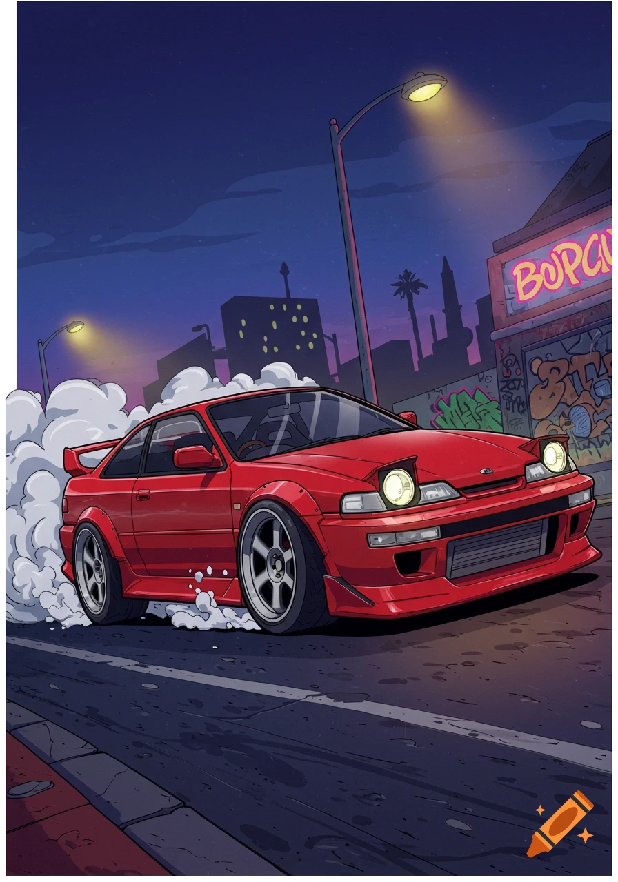 Cartoon illustration of a red sports car drifting on a dark city street ...