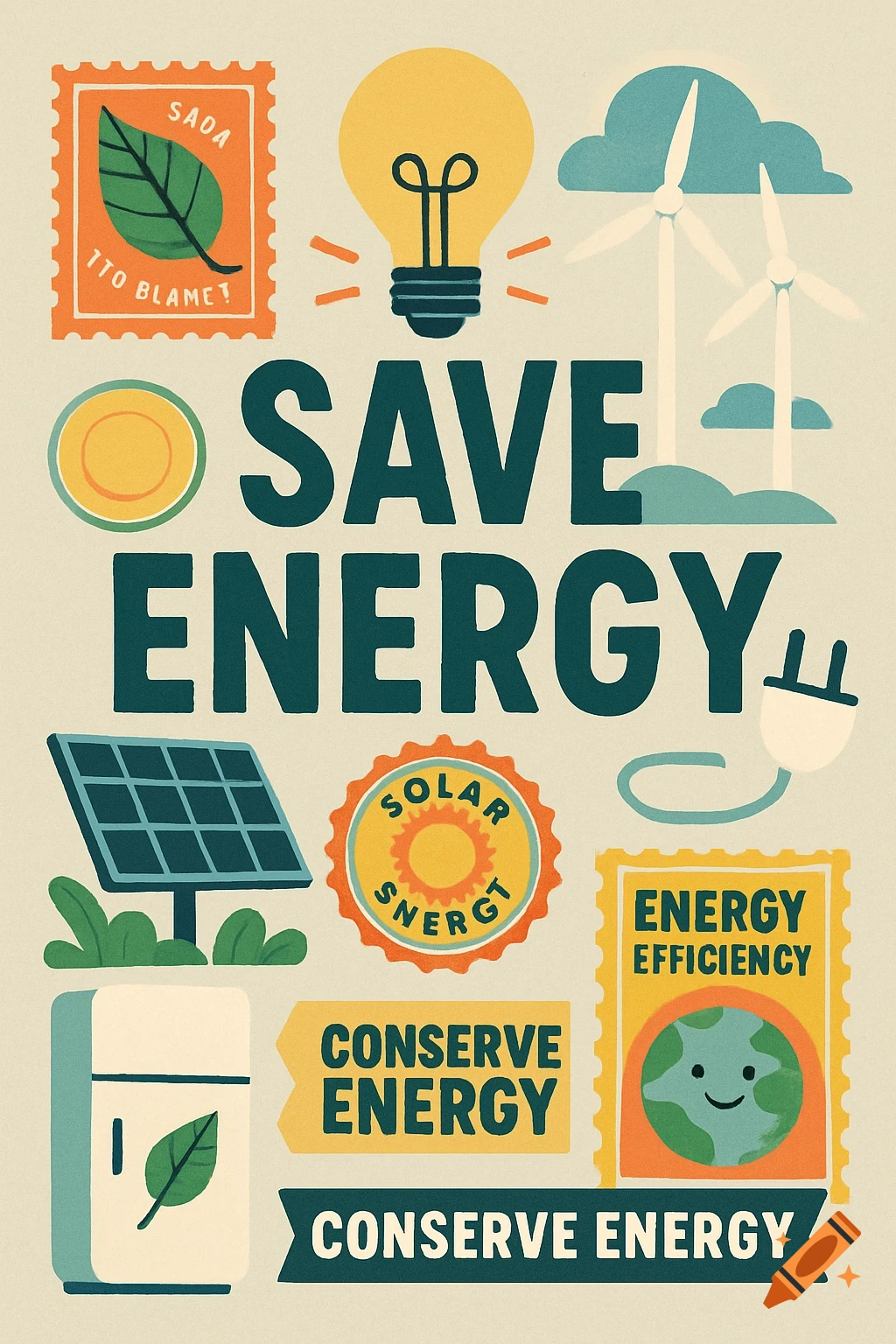 A stylized collage poster promoting energy saving with illustrations of ...