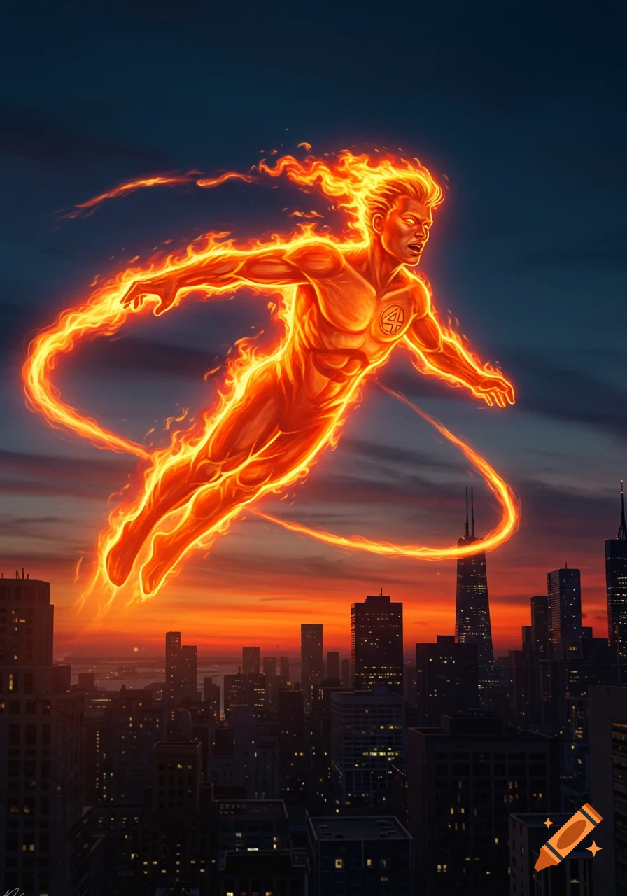 A flaming Human Torch superhero flies over a dark city skyline during a ...